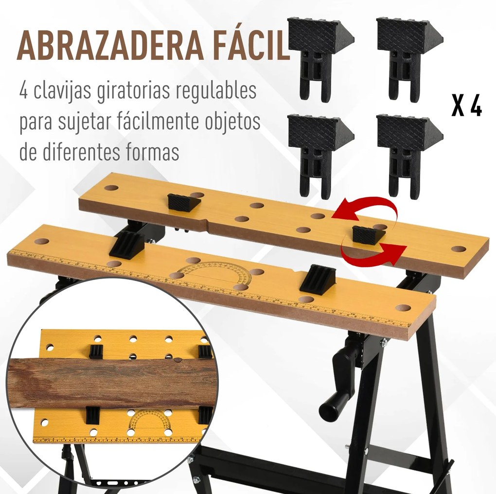 Skládací pracovní stůl DURHAND s hmoždinkami a 2 kličkami jako podpěra s nosností 100 kg, 60,5 x 62,5 x 78,5 cm - Přirozená a Černá