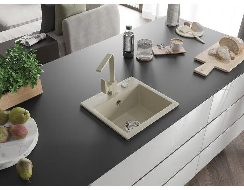 Mexen Milo, 1-komorový granitový dřez 435x410x171 mm a béžová baterie Rita, béžová, 6505-69-670300-69