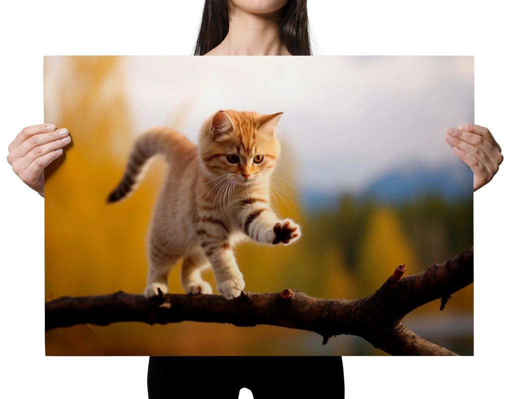 Plakát - Mladá kočka balancuje na hraně FeelHappy.cz Velikost plakátu: A1 (59,4 × 84 cm)