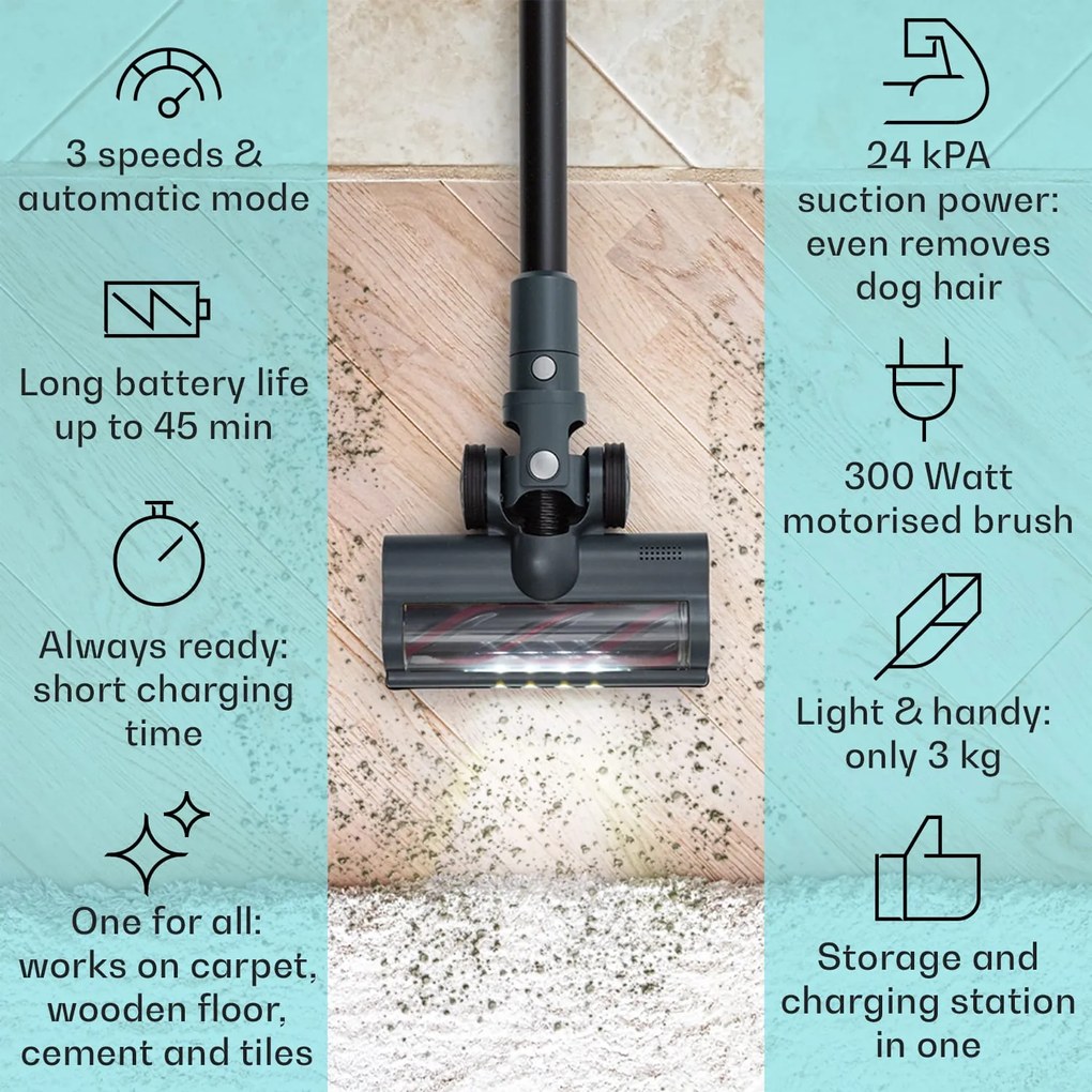 Klarstein LARMA, vysavač, akumulátorový, bezsáčkový, maximální doba provozu 45 min, LED dioda