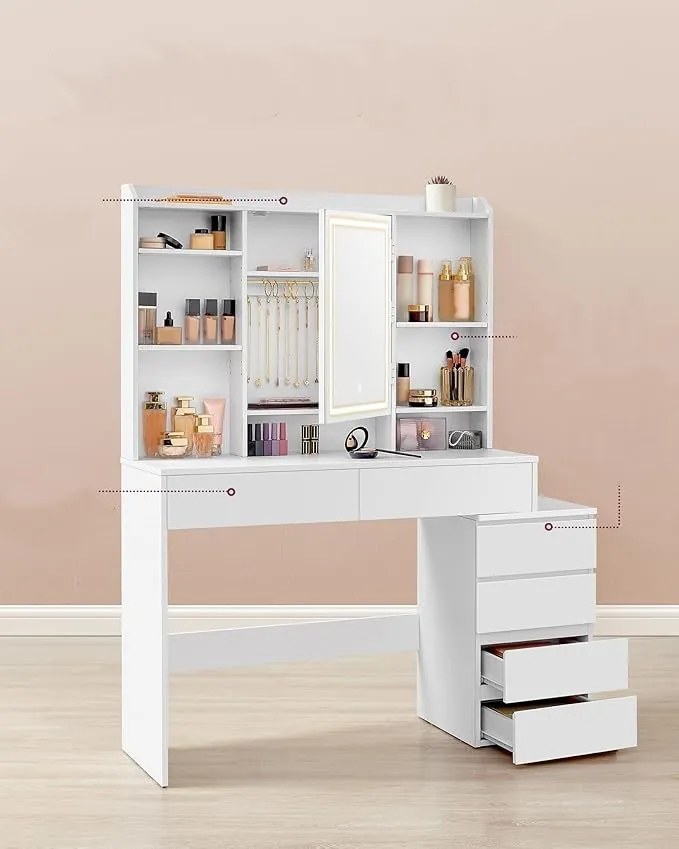 Toaletní stolek Vasagle Ginny 117 cm s LED osvětlením bílý