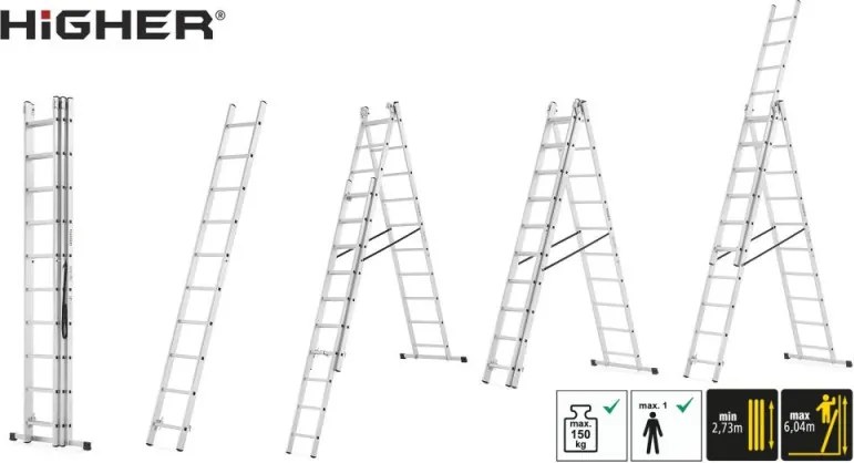Hliníkový žebřík 3x10 příček 6,04 m třídílný HIGHER 6310