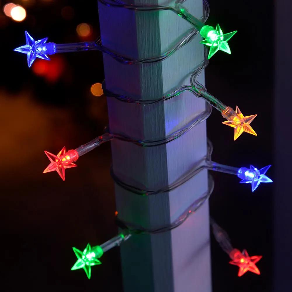 Vnitřní LED vánoční řetěz s hvězdičkami - různobarevná, průhledný kabel, 6m
