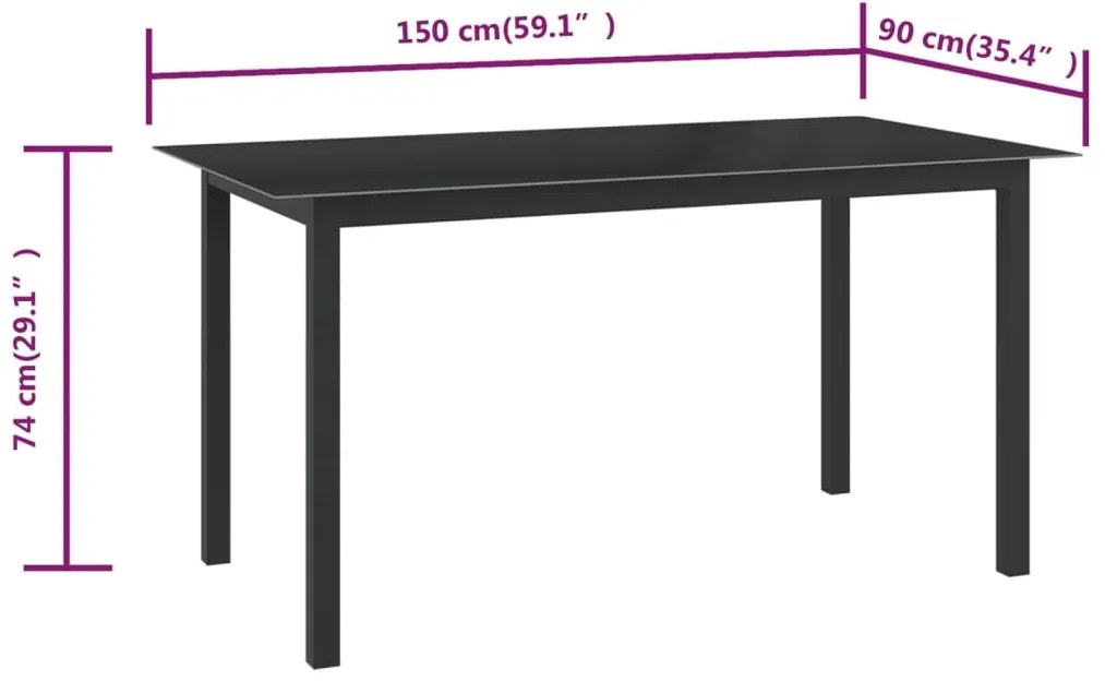vidaXL Marketos Zahradní stůl černý 150 x 90 x 74 cm hliník a sklo