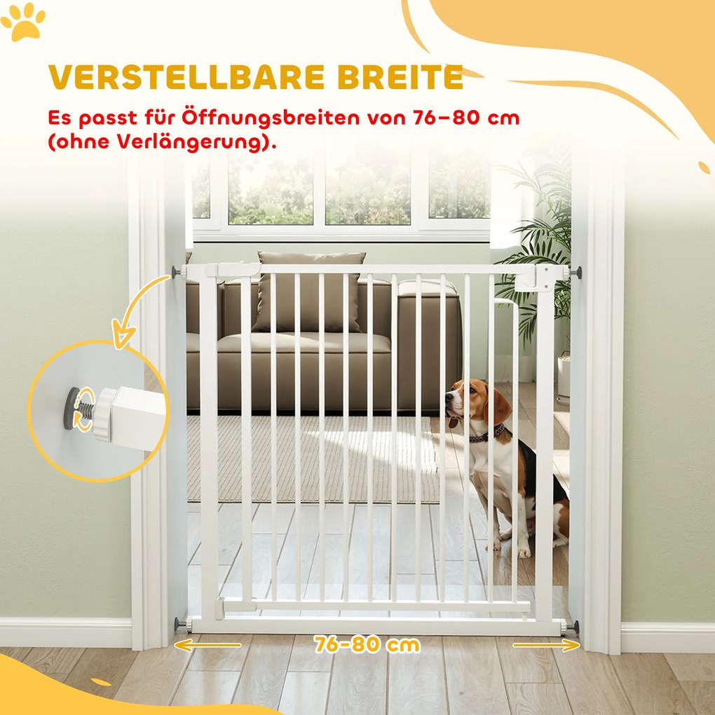 PawHut Schodišťová branka Bezpečnostní branka bez vrtání s automatickým zavíráním pro děti Kuchyňské schody 76-80 x 76 cm Bílá