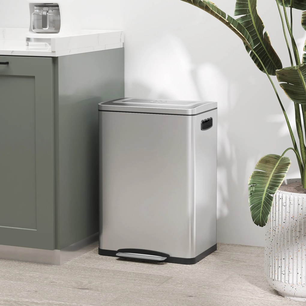 HOMCOM Odpadkový koš, odpadkový koš s víkem a nožním pedálem, nerezová ocel, 2x 20 litrů, stříbrný