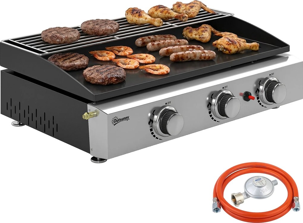 Outsunny přenosný stolní plynový gril 7,5 kW – 3 hořáky, keramická plotna, vyjímatelná miska na tuk | Aosom