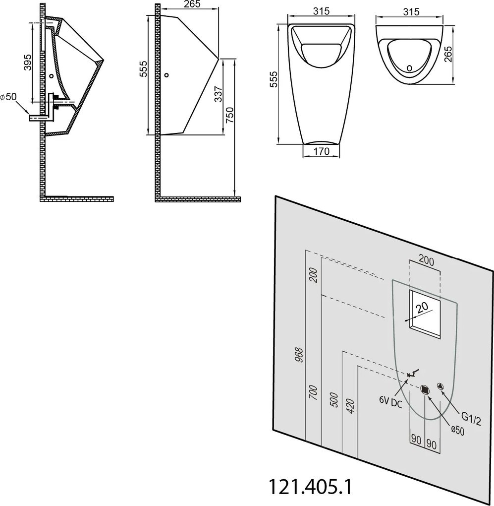 Sapho, SCHWARN urinál s automatickým splachovačem 6V DC, zakrytý přívod vody