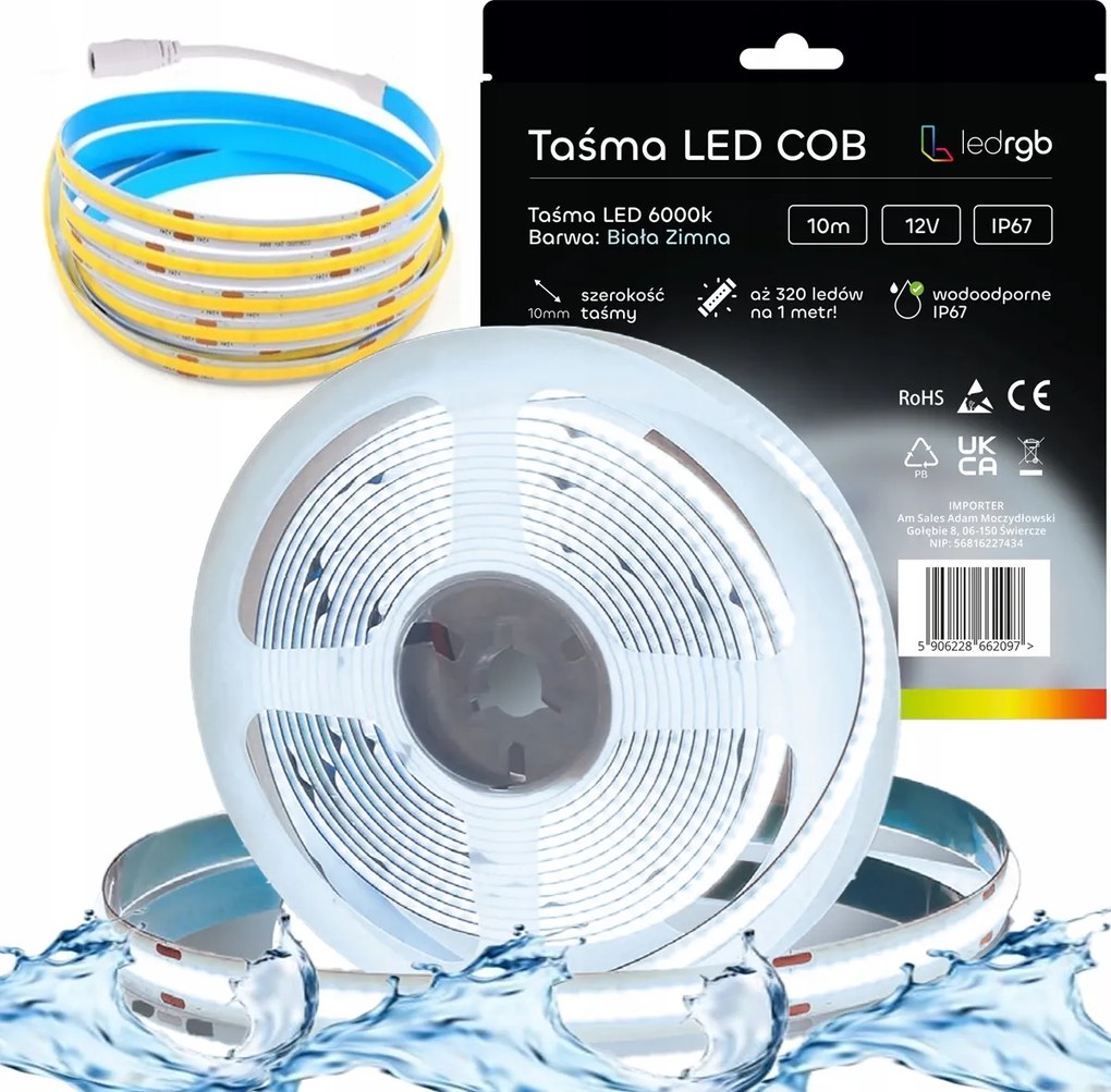 Led pásek Neon Cob 12V 10 m 320 diod 6000K Bílá Studená Voděodolná IP67 10mm