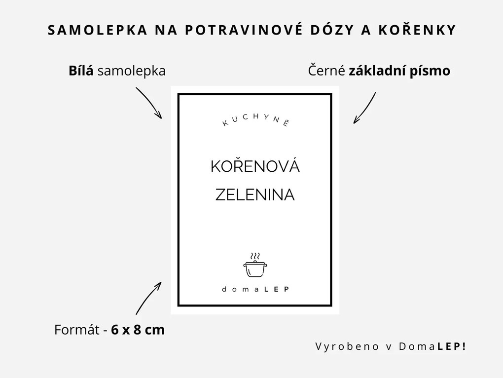 KOŘENOVÁ ZELENINA - omyvatelná samolepka na kořenky, výběr rozměrů Ø 5 cm / 5 x 5 cm / 6 x 8 cm | DomaLEP tvar: ČTVEREC, barva: BÍLÁ - ČERNÉ písmo, velikost: š. 5 cm x v. 5 cm - základní písmo