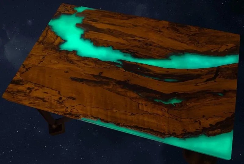 Konferenční stůl PLANETÁRIUM ze špaltovaného buku a fluorescenční epoxidové pryskyřice 96x59