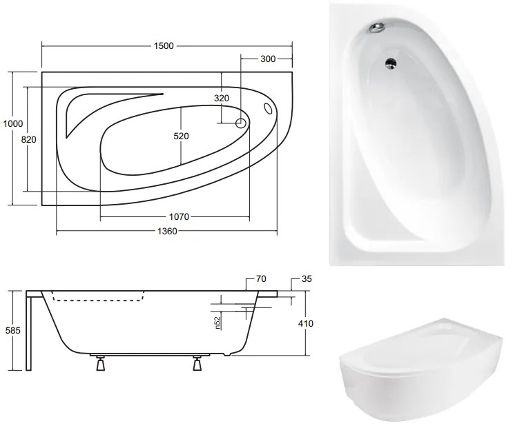 Besco Cornea akrylátová vana 150x100 Orientace: Levá