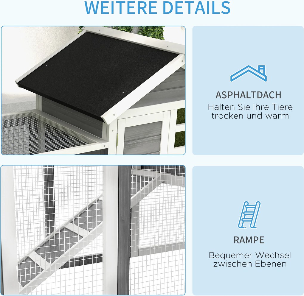 Klec pro králíky PawHut z borovicového dřeva 122 x 62,6 x 92 cm – vnitřní a venkovní, s odnímatelným dnem a rampou, šedá + černá + bílá