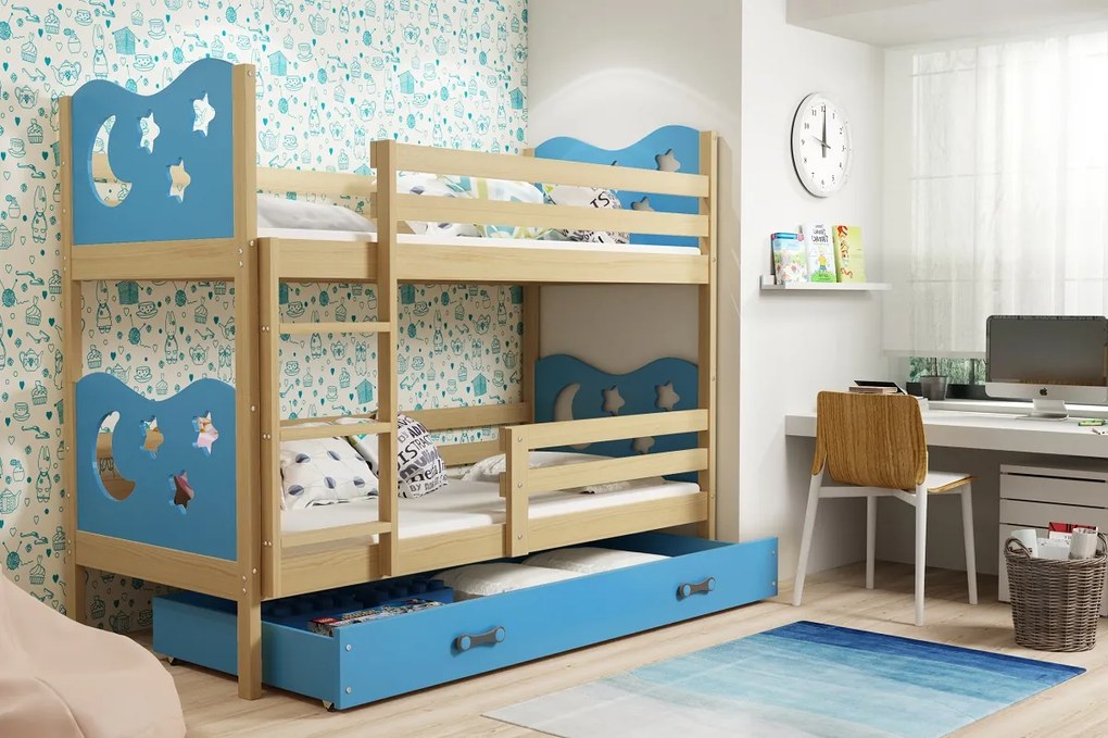 ImportWorld Dětská patrová postel Bohdan - 2 osoby, 80x160 s úložným prostorem – Borovice, Modrá