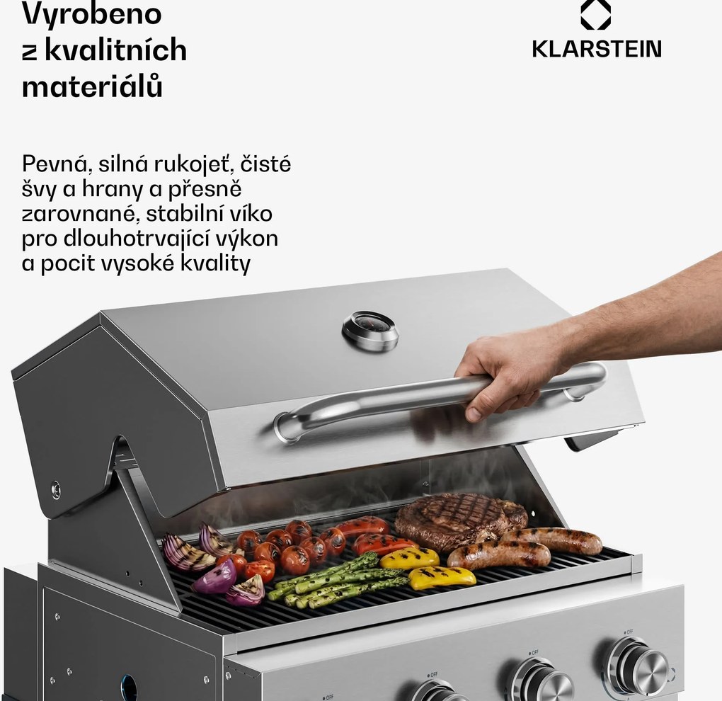 Klarstein WaldChef plynový gril | 4 hořáky | 30 mbar | 12800 W | Litinový rošt | Nerezová ocel