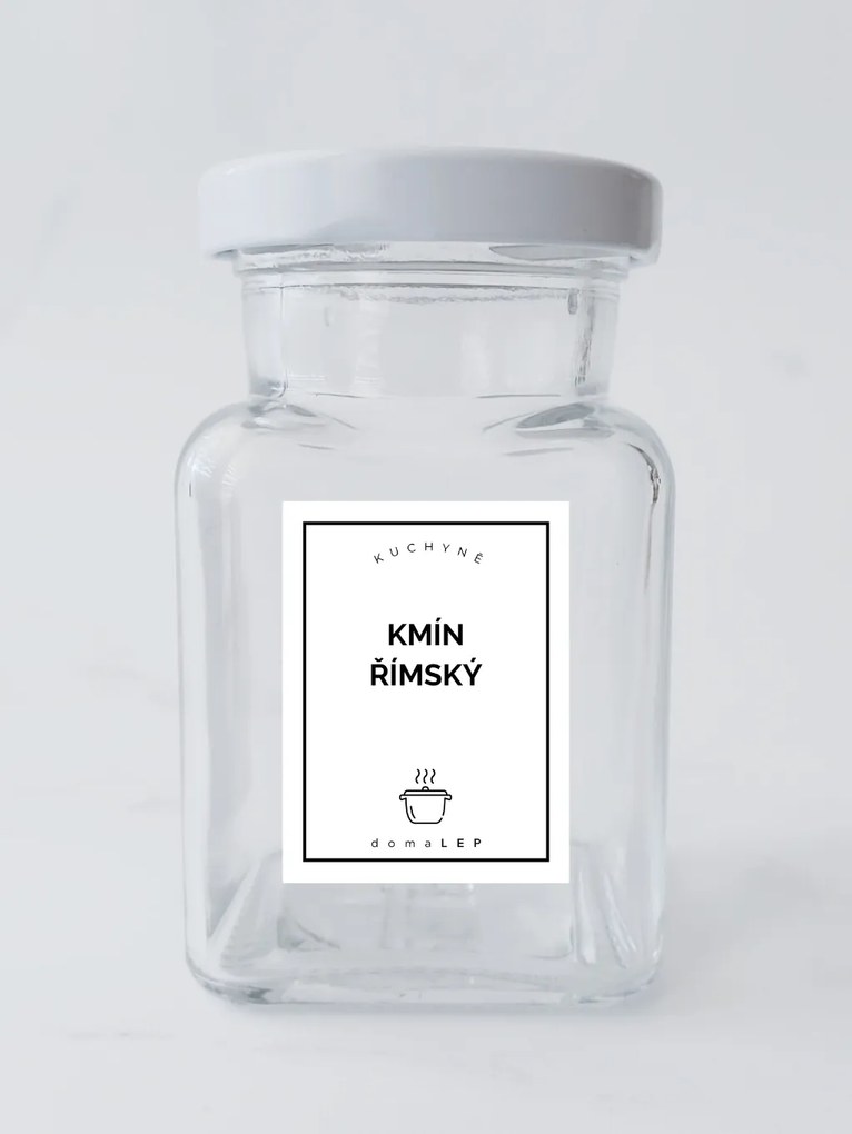 Samolepka na kořenky KMÍN ŘÍMSKÝ bílá 3 × 4 cm tučné písmo