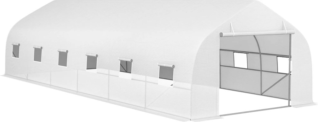 Outsunny Tunelový Skleník 24 m² s PE Krytem a Pozinkovaným Ocelovým Rámem Ø 24 mm 12 Zelených Oken a Rolovacích Dveří 8 x 3 x 2 m Bílá