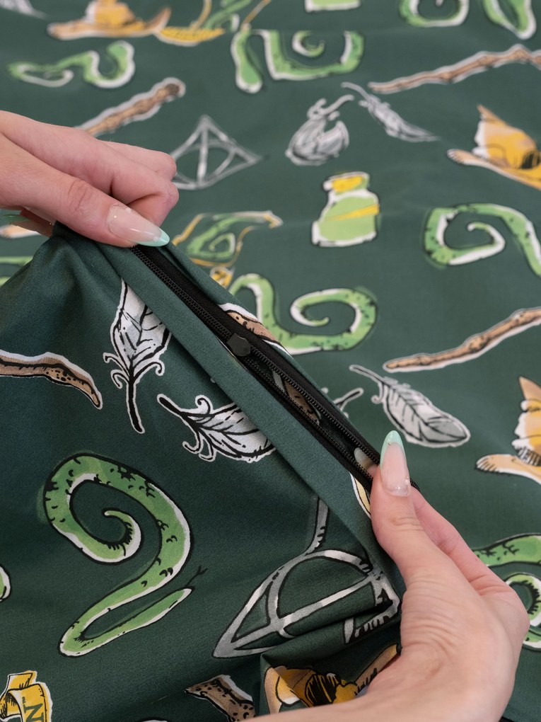 MK Lůžkoviny Prodloužené bavlněné povlečení Renforcé - Zmijozel tmavě zelené 140 × 220 cm, 70 x 90 cm