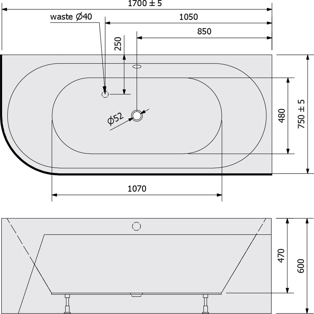 Polysan MONOLITH VIVA R asymetrická vana 170 x 75 x 60 cm bílá/černá pravá 78119MB
