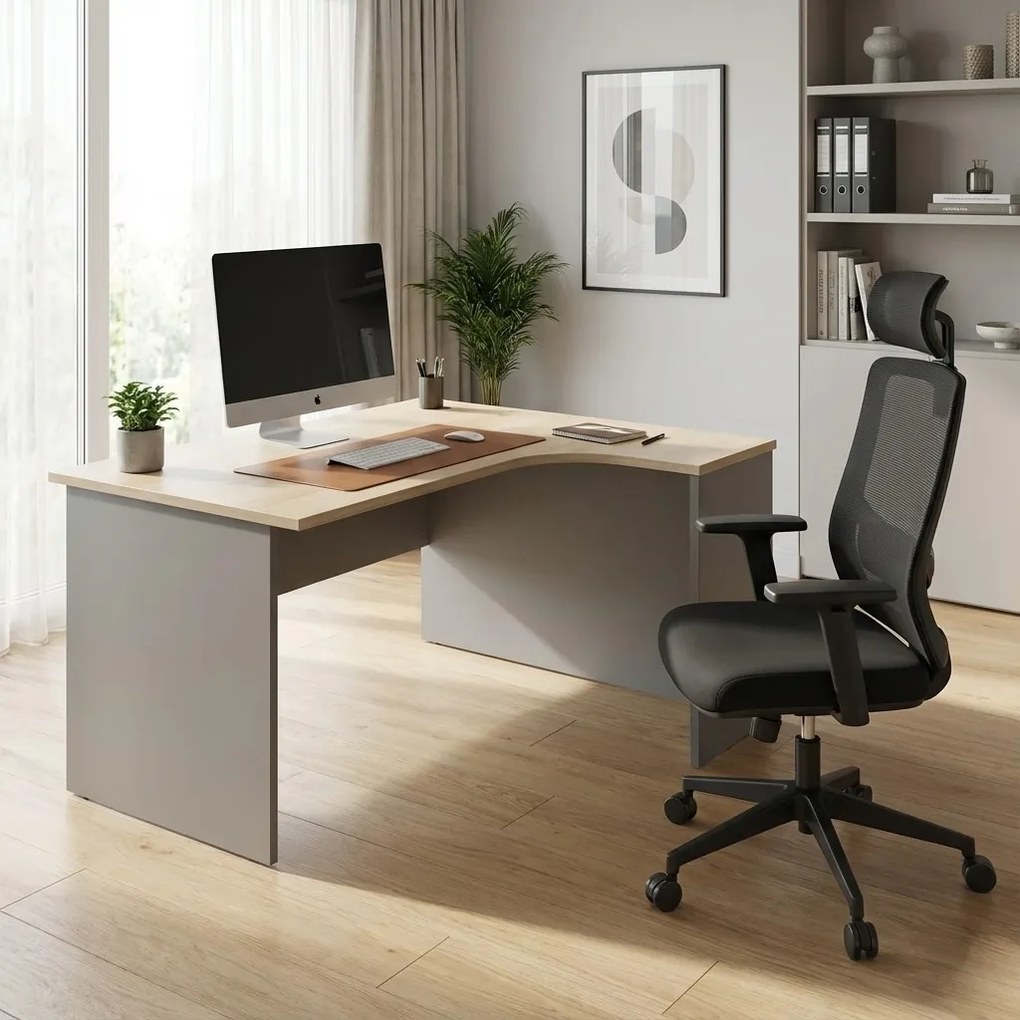 Rohový stůl SimpleOffice 140 x 120 cm, pravý, dub světlý / šedá