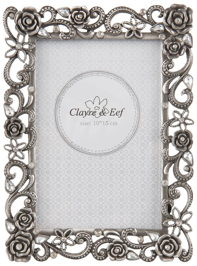 Stříbrný kovový fotorámeček s růžičkami - 15*20 cm / 10*15 cm Clayre & Eef