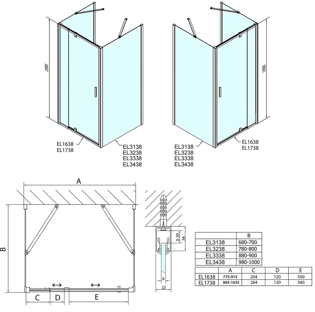 Polysan EASY LINE třístěnný sprchový kout 800-900x700mm, pivot dveře, L/P varianta, sklo Brick EL1638EL3138EL3138