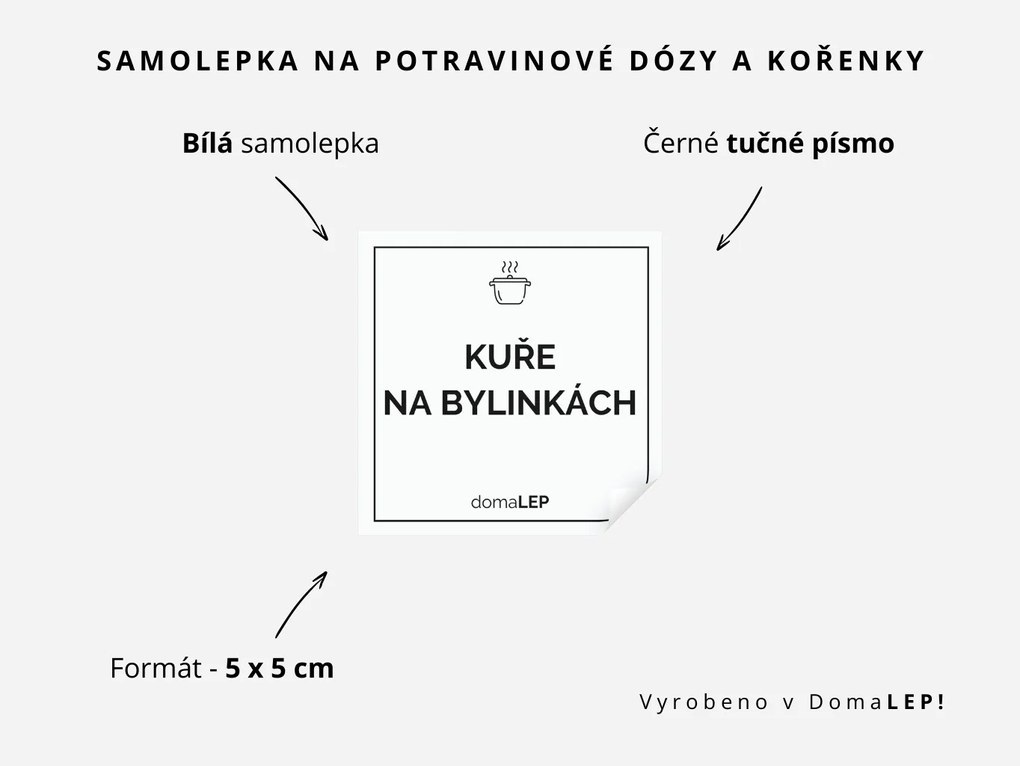 KUŘE NA BYLINKÁCH - omyvatelná samolepka na kořenky, výběr rozměrů Ø 5 cm / 5 x 5 cm / 6 x 8 cm | DomaLEP tvar: OBDÉLNÍK, barva: BÍLÁ - ČERNÉ písmo, velikost: š. 6 cm x v. 8 cm – základní písmo