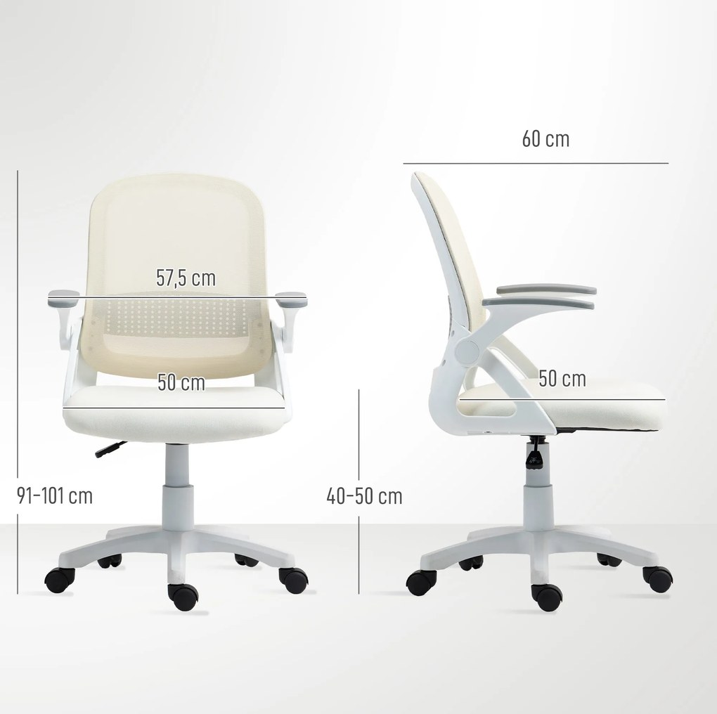 HOMCOM ergonomická síťovaná kancelářská židle se sklápěcími područkami, bederní oporou, nastavitelná výška a náklon — bílá