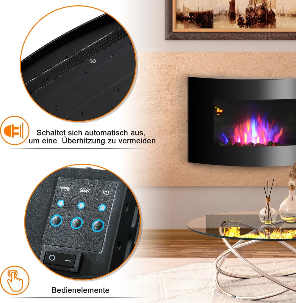 HOMCOM Elektrický krb Kamna elektrická s 2 úrovněmi výkonu 900/1800 W LED 65 x 11,4 x 52 cm nerezová černá pro příjemné teplo |