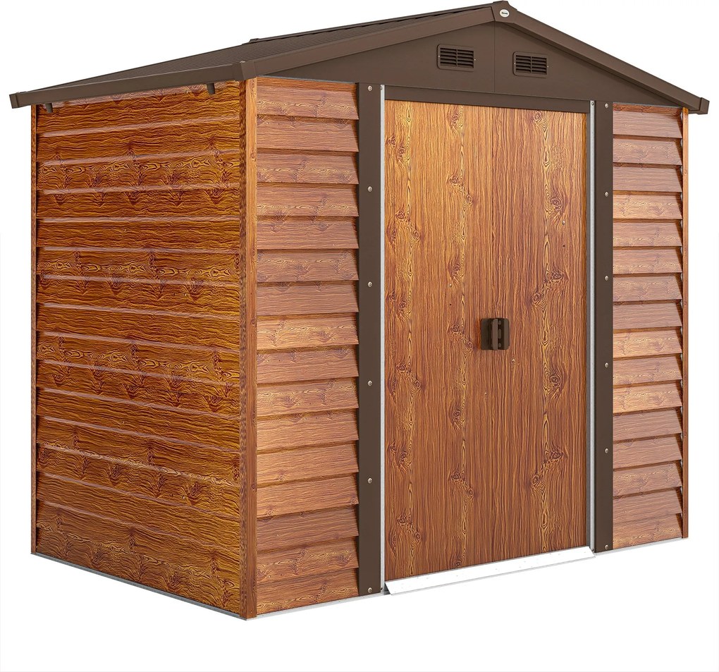 Outsunny Kovový Zahradní Kůlna s Dřevěným Vzhledem 3 m² 152 x 235,7 x 208,7 cm Sklad pro Nástroje s Šikmou Střechou, Okny a Dvoubarevnými Posuvnými Dv