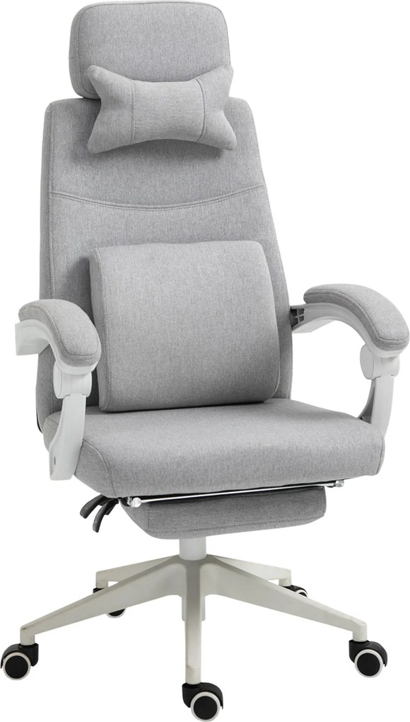 Vinsetto Kancelářská židle, Ergonomická židle s opěrkou hlavy, Bederní polštář, Výškově nastavitelná herní židle s podnožkou, Vysoký opěrák, Šedá 62 x