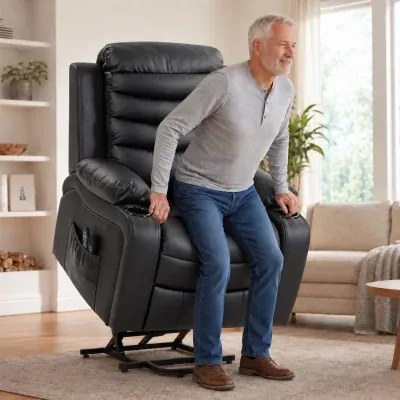 HOMCOM elektrické relaxační křeslo s funkcí vstávání, vibrační masáží a teplem, USB připojení, dálkové ovládání, černá