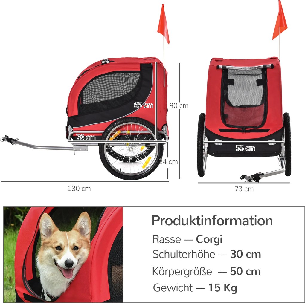 PawHut přívěs pro psy přívěs pro jízdní kola přívěs pro psy přívěs pro jízdní kola červený+černý 130 x 73 x 90 cm | Aosom