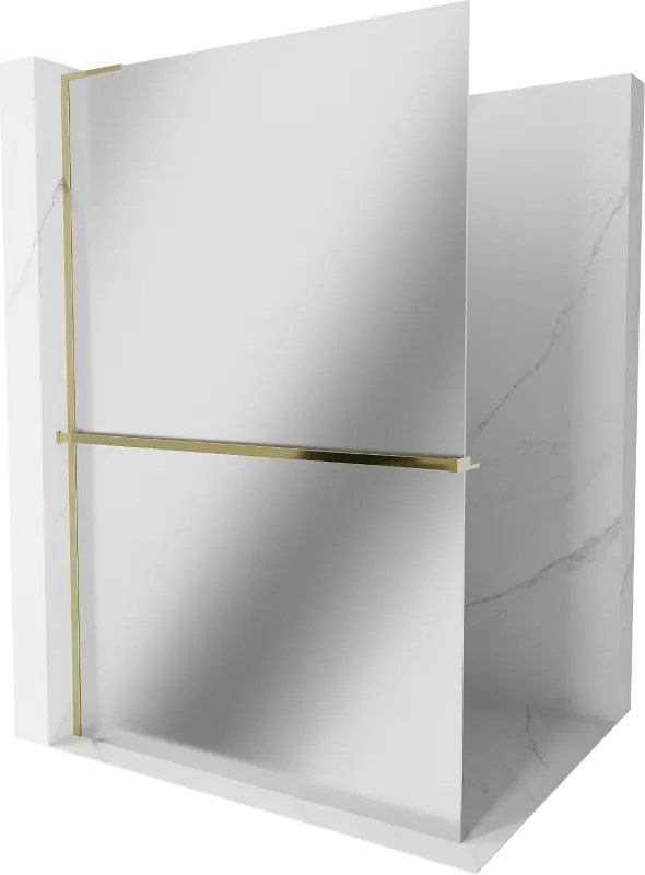 Mexen Kioto+ L, sprchová zástěna Walk-In s poličkou a ramínkem 100 x 200 cm, 8mm sklo vzor zrcadlo, zlatý lesklý profil, 800-100-123-50-50