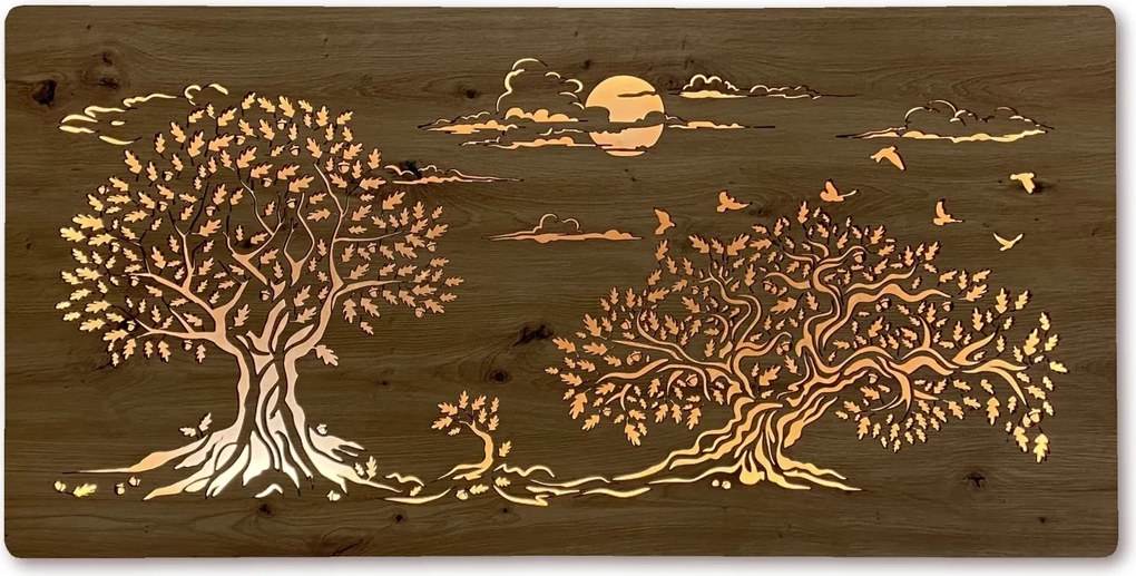 Li-Go "Tři duby" světelný obraz s baterií 120x60cm varianta ovládání: manuál/pohybové čidlo, provedení povrchu: dub světlý