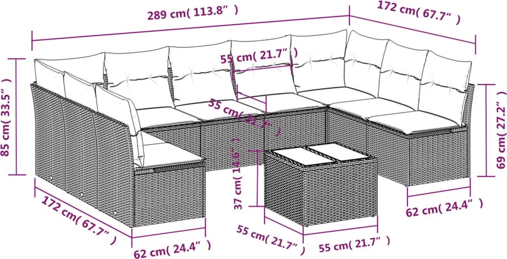 10dílná zahradní sedací souprava s poduškami černá polyratan 3218076