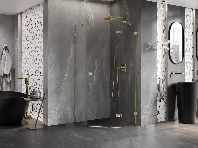 Mexen Lunar, výklopný pětiúhelníkový sprchový kout pravý 90 x 90 cm, 8mm čiré sklo, zlatý profil, 831-090P-090L-50-00-P