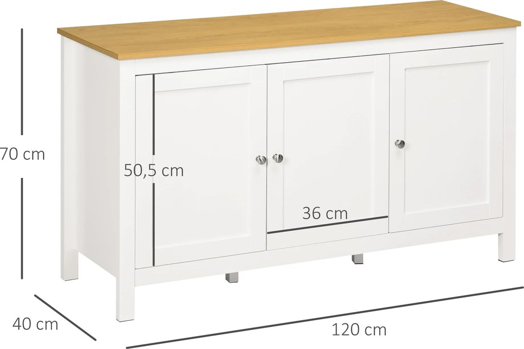 HOMCOM Kuchyňský Kredenc s 3 Dveřmi, Buffet Skříň s Nastavitelnými Policemi pro Jídelnu Moderní Styl 120x40x70 cm Bílá
