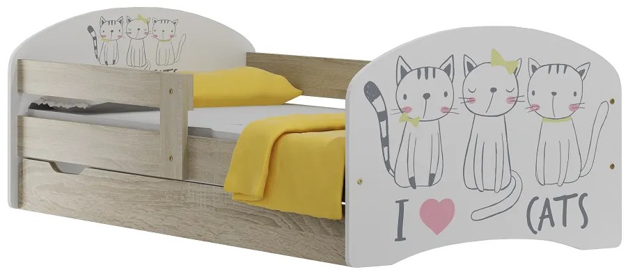 Dětská postel s motivem CATS  se zábranou Rozměr: 200x90, Matrace: bez matrace, Barevná kombinace: ZELENÁ / BÍLÁ