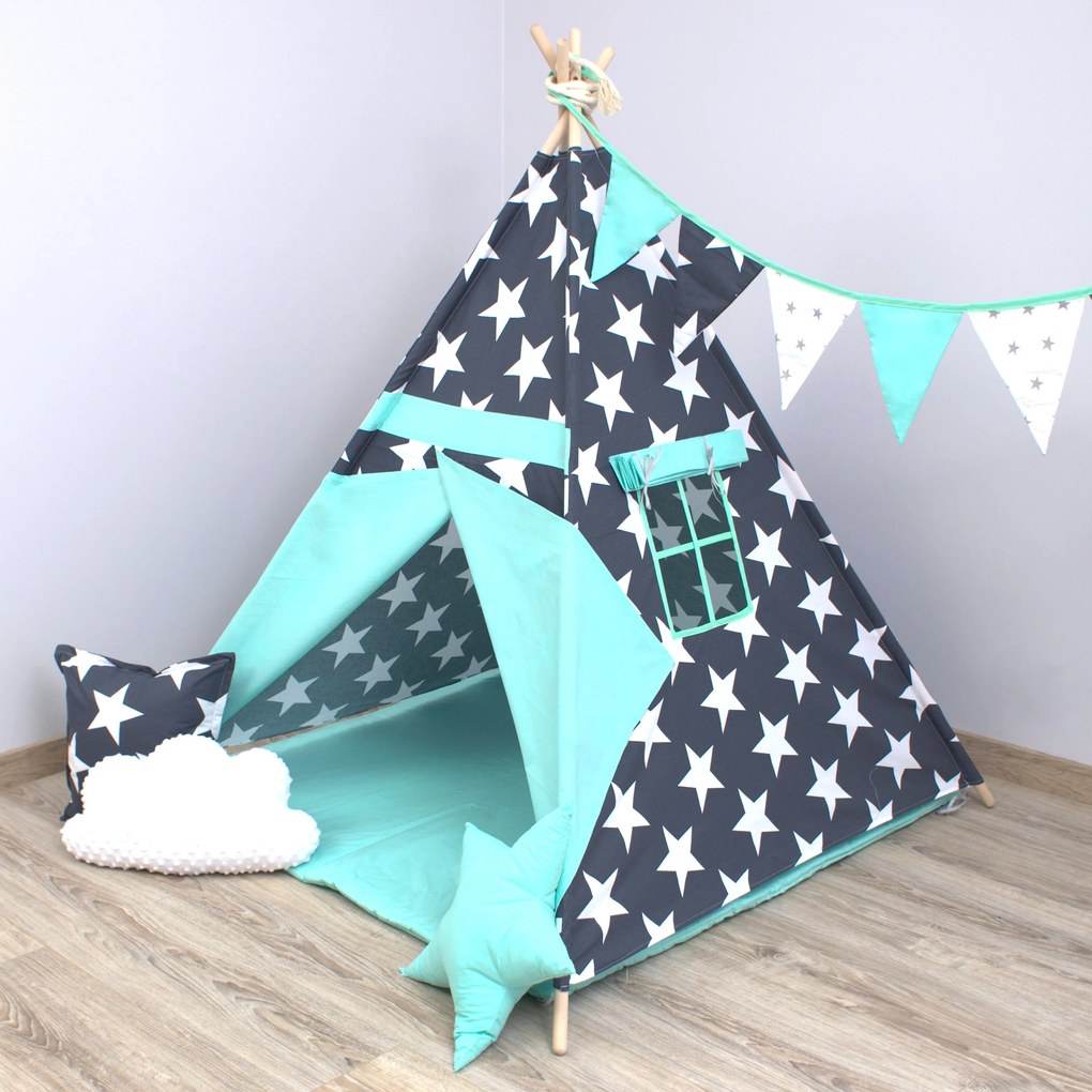 MAXMAX Dětský stan TEEPEE (TÝPÍ) MINT HVĚZDY + doplňky