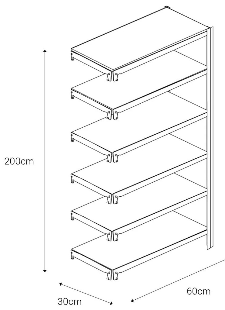 Bezšroubové kovové regál přídavný modul 200x60x30cm T profil, 6 polic