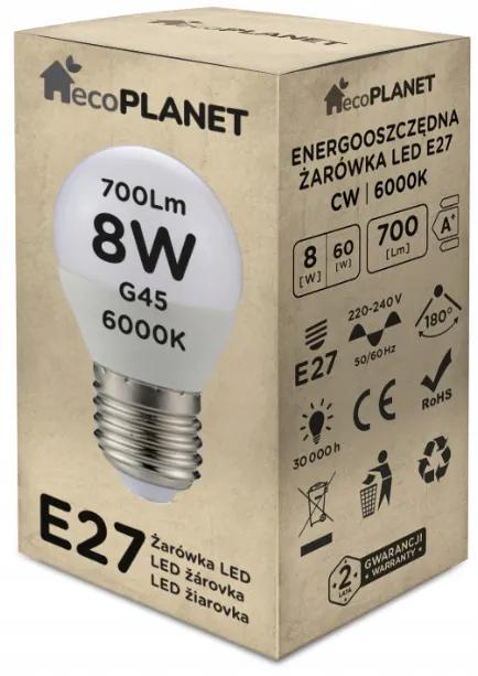 ecoPLANET LED žárovka E27 - G45 - 8W - 700lm - studená bílá