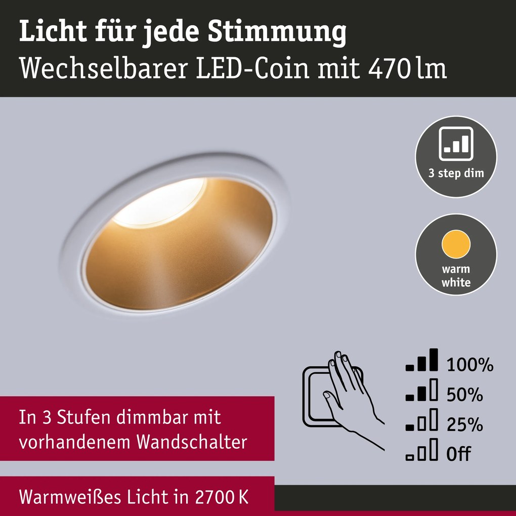 Paulmann 93405 Cole Coin, bodovka v bílo-zlaté úpravě, 1x6W LED 2700K tříkrokové stmívání, prům. 8,8cm, IP44