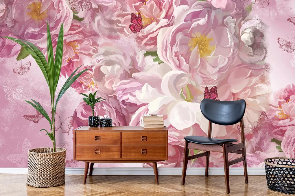 Malvis ® Tapeta růžové květy s motýly Vel. (šířka x výška): 216 x 140 cm