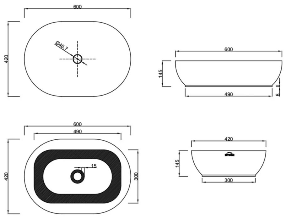 Invena Teja, umyvadlo na desku 600x420x145 mm, černá matná, INV-CE-09-005-C