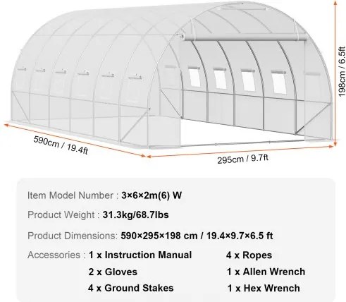 Walk-in tunelový skleník 5,9 × 2,95 × 1,98 m pozinkovaný rám PE kryt bílý