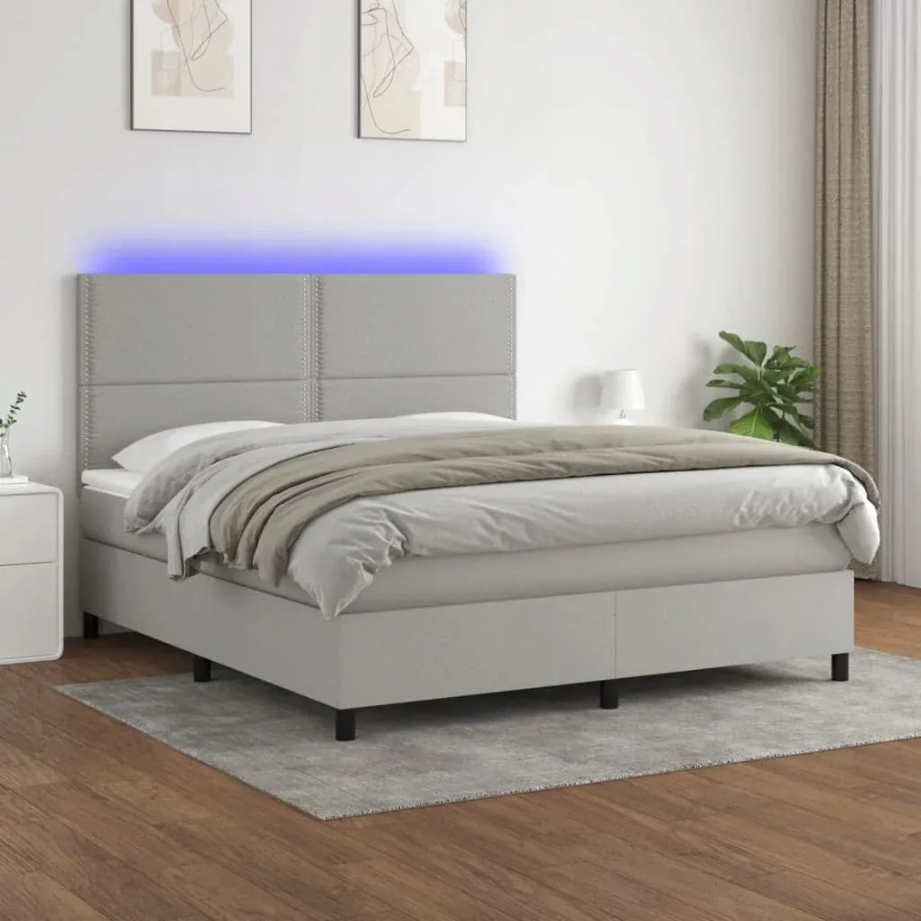 Box Spring Postel S Matrací A Led Textil Světle Šedá Hladké s hřebíky 180