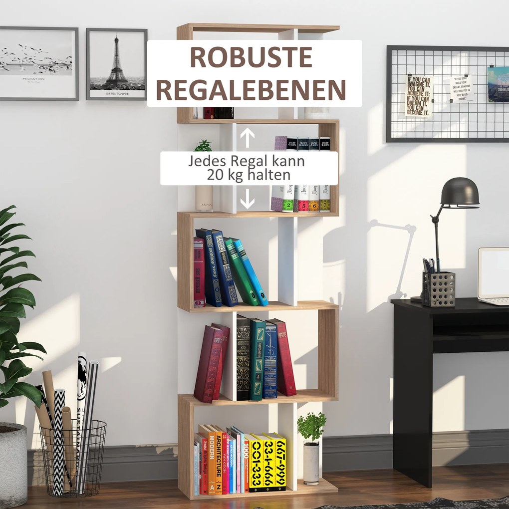 HOMCOM Moderní Regál S Tvarovým Designem, 4 Poličky, 60 Š x 24 H x 148 V cm, Dub Bílý