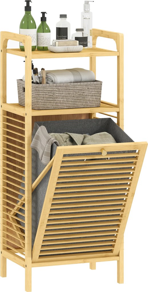 HOMCOM koupelnová skříňka z bambusu se 2 otevřenými policemi, vyjímatelným košem a lamelovým designem 40x30x95 cm přírodní