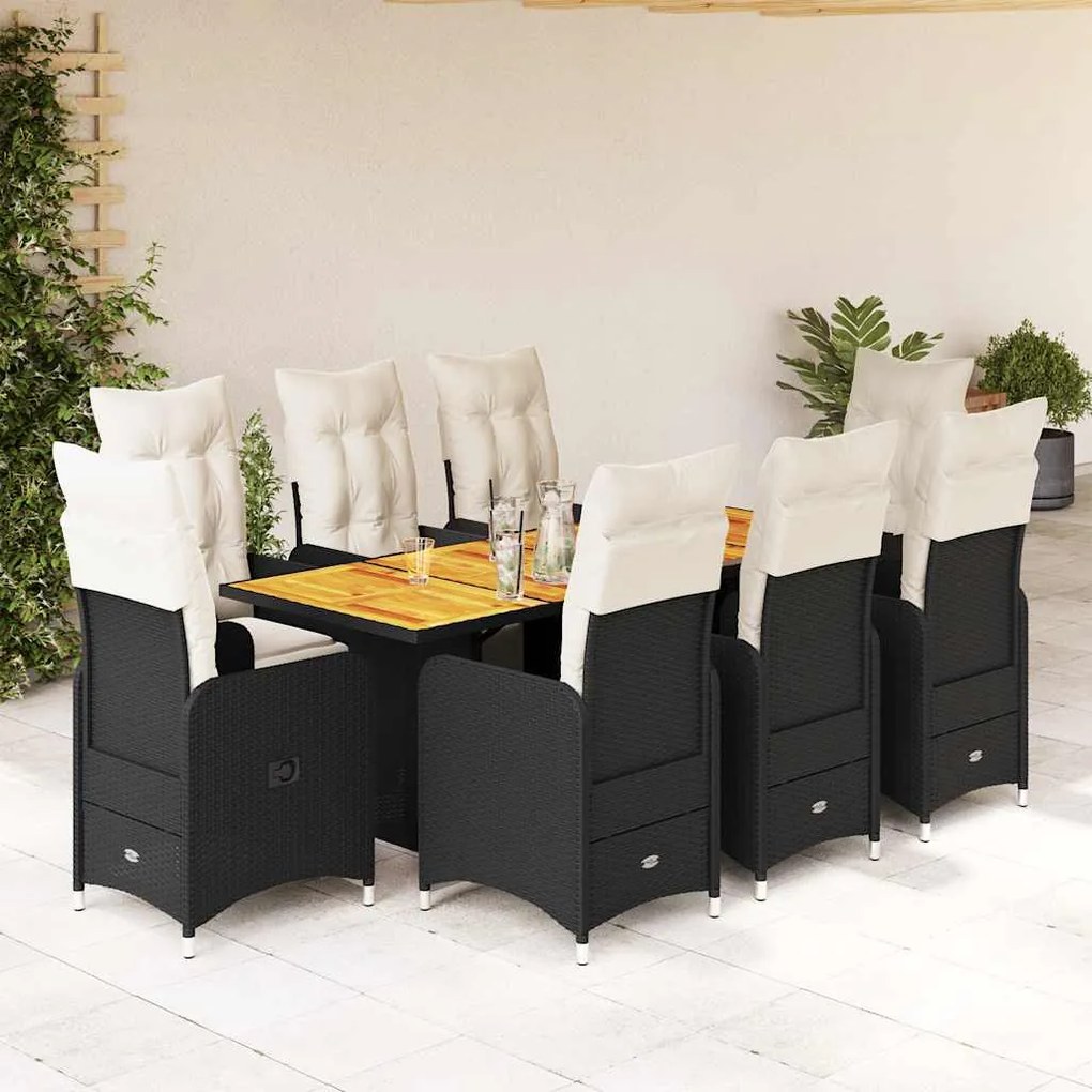 9dílný zahradní bistro set s poduškami černý polyratan 3277134